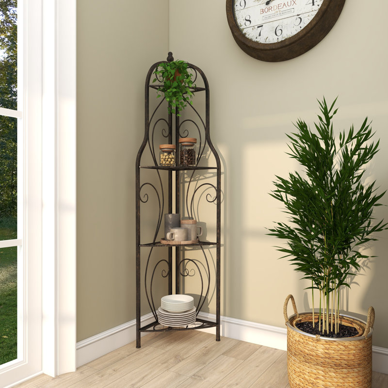 Acushnet Metal Indoor Outdoor Arched Tall Folding Corner 4 Shelf Scroll Black Bakers Rack
